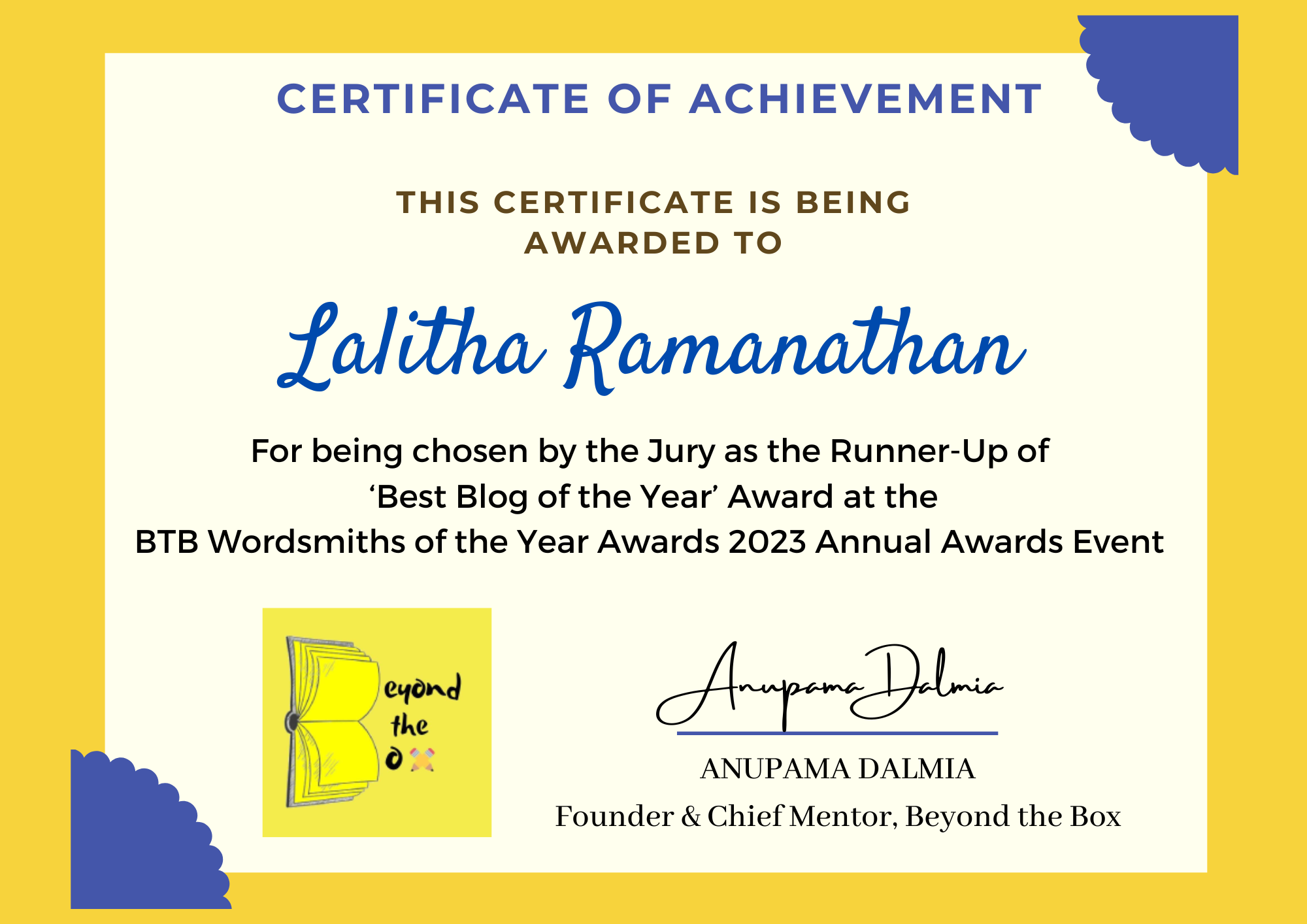 Runner-up, BTB Wordsmiths of the Year Awards, 2023 - Lalitha Ramanathan